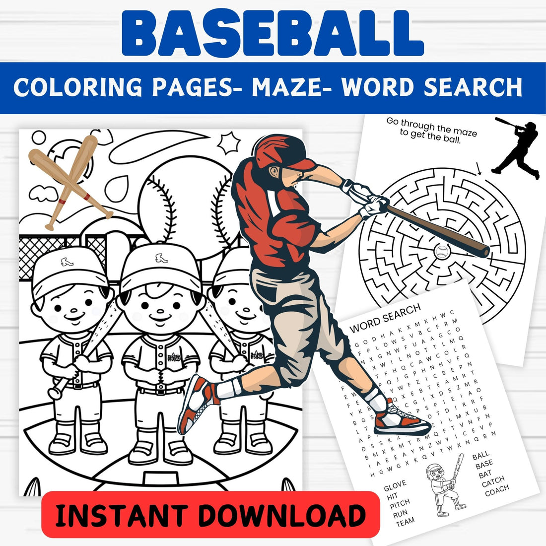 Baseball Activity Pack for Kids- Baseball Maze- Word Search- Coloring ...