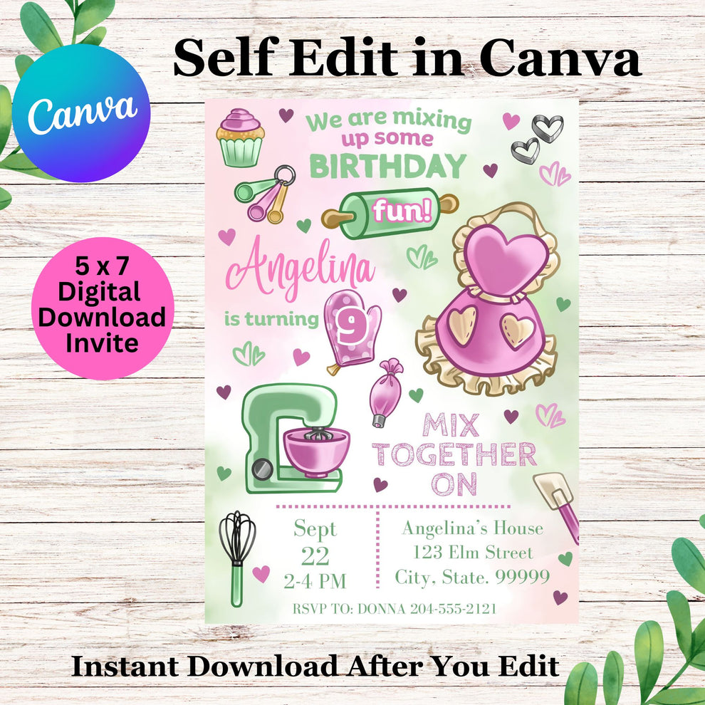 Editable Girls Baking Birthday Party Invitation, Kids Cooking Party In ...