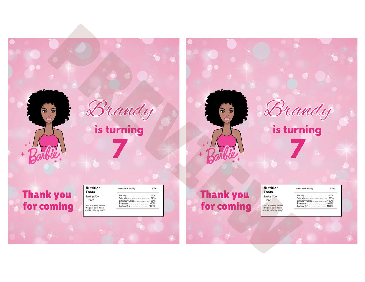 Black Barbie Birthday Candy Bar Wrapper Template - Editable Barbie Can ...