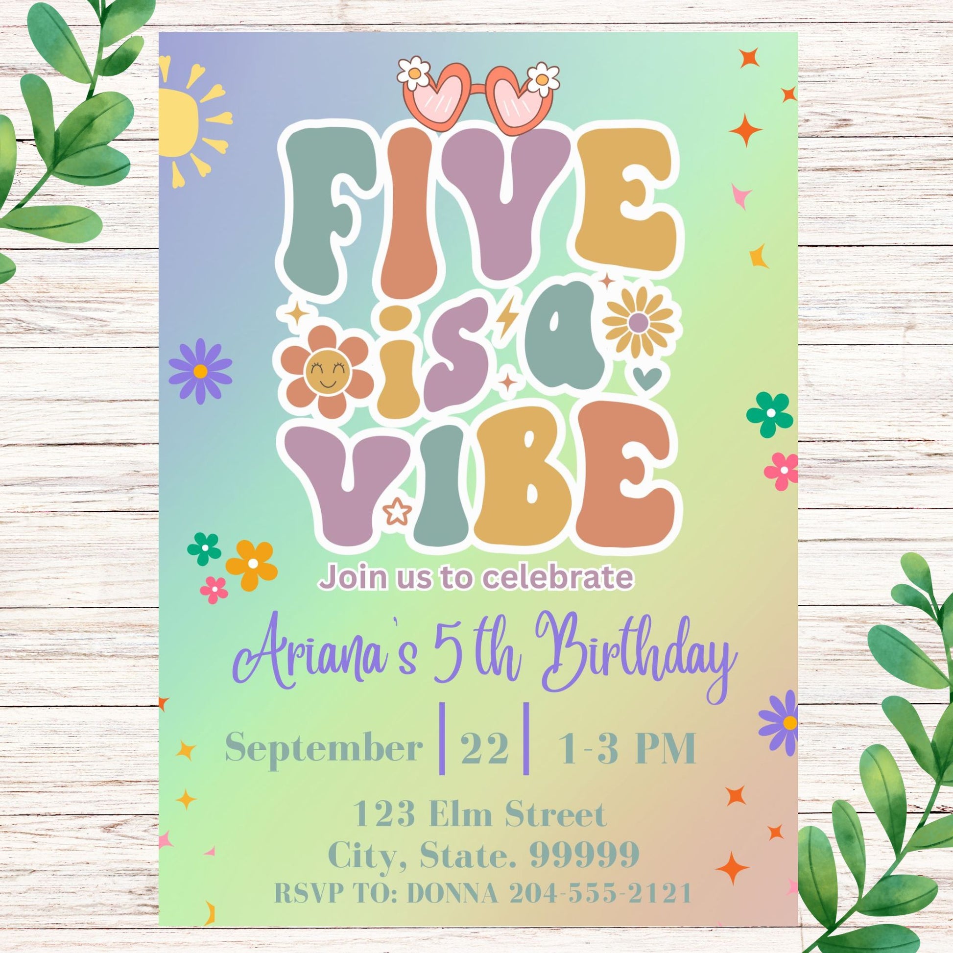 Five is a Vibe Girls Birthday Invitation - Cute Printable Fifth Birthd ...