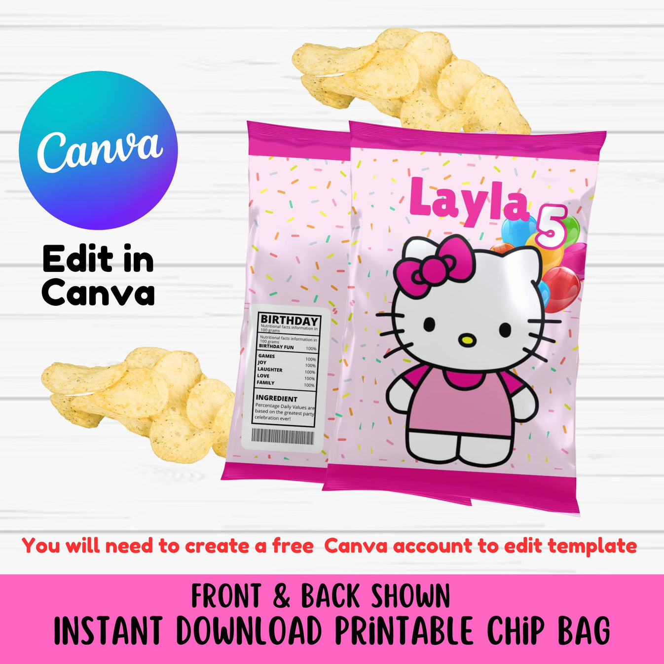 Hello Kitty Chip Bag Template - Cute Pink Hello Kitty Chip Bag - Canva ...