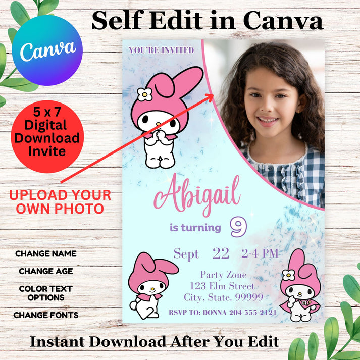 Editable My Melody Birthday Invitation | Kawaii Sanrio Party Invite ...