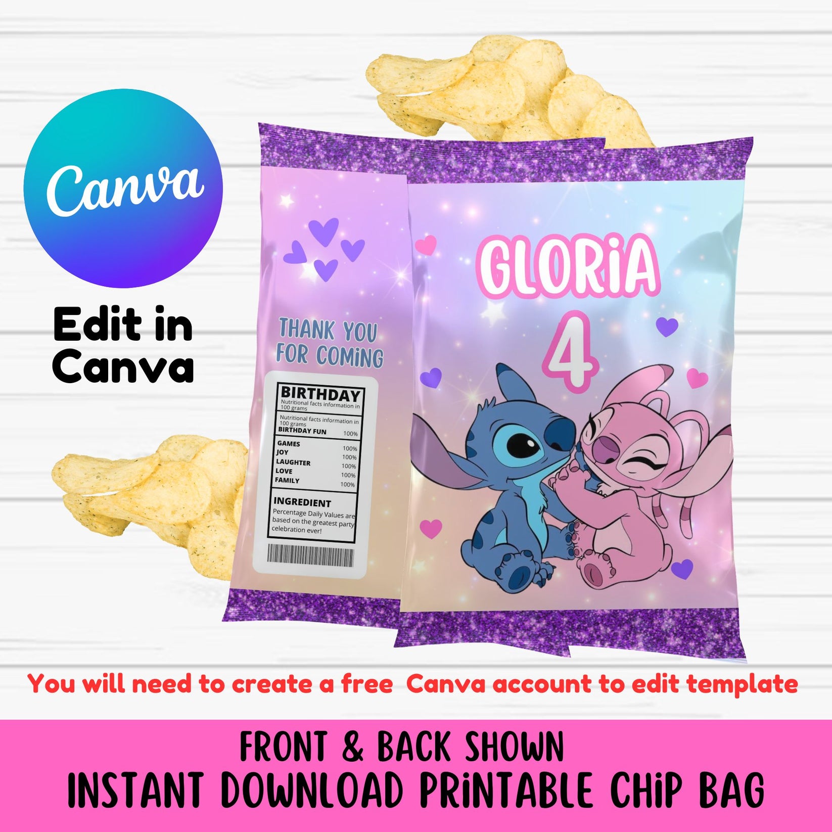 Lilo & Angel Chip Bag Template Editable in Canva- Cute Lilo and Angel ...